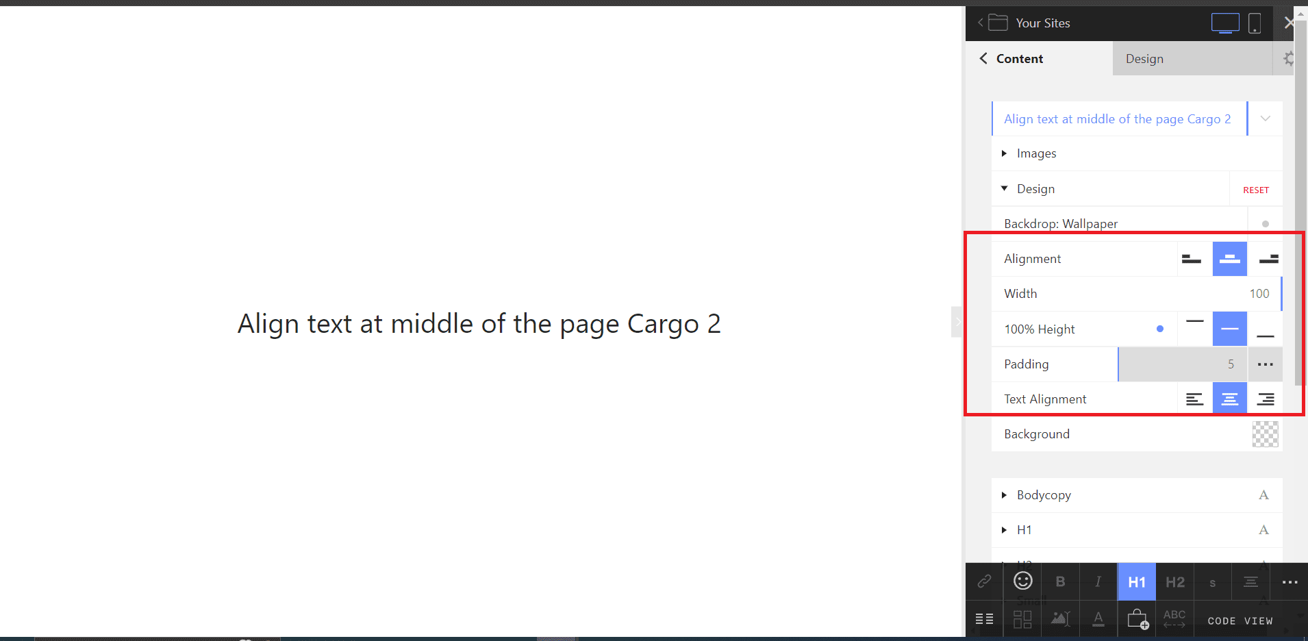 Align text center in cargo collective site builder - Cargo Site Tutorials