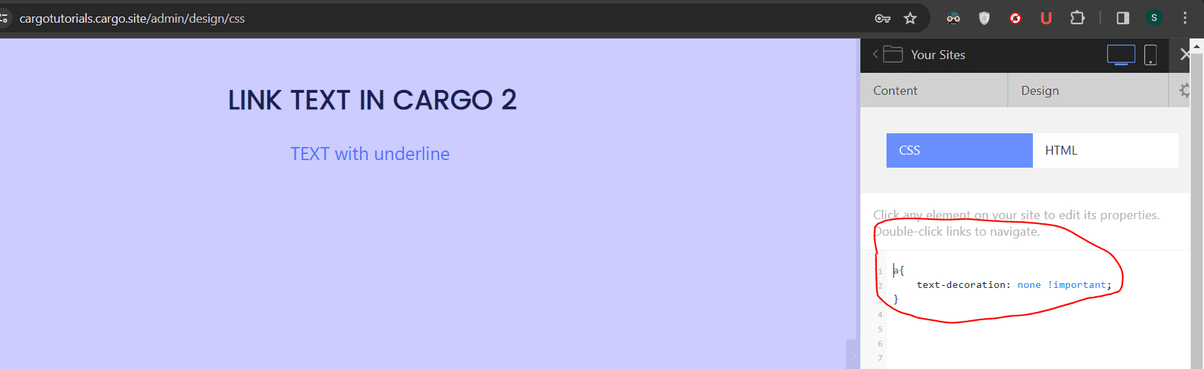Remove underline from text link in Cargo Collective - Cargo Site Tutorials