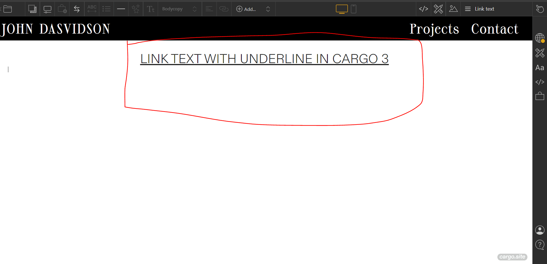 Remove underline from text link in Cargo Collective - Cargo Site Tutorials