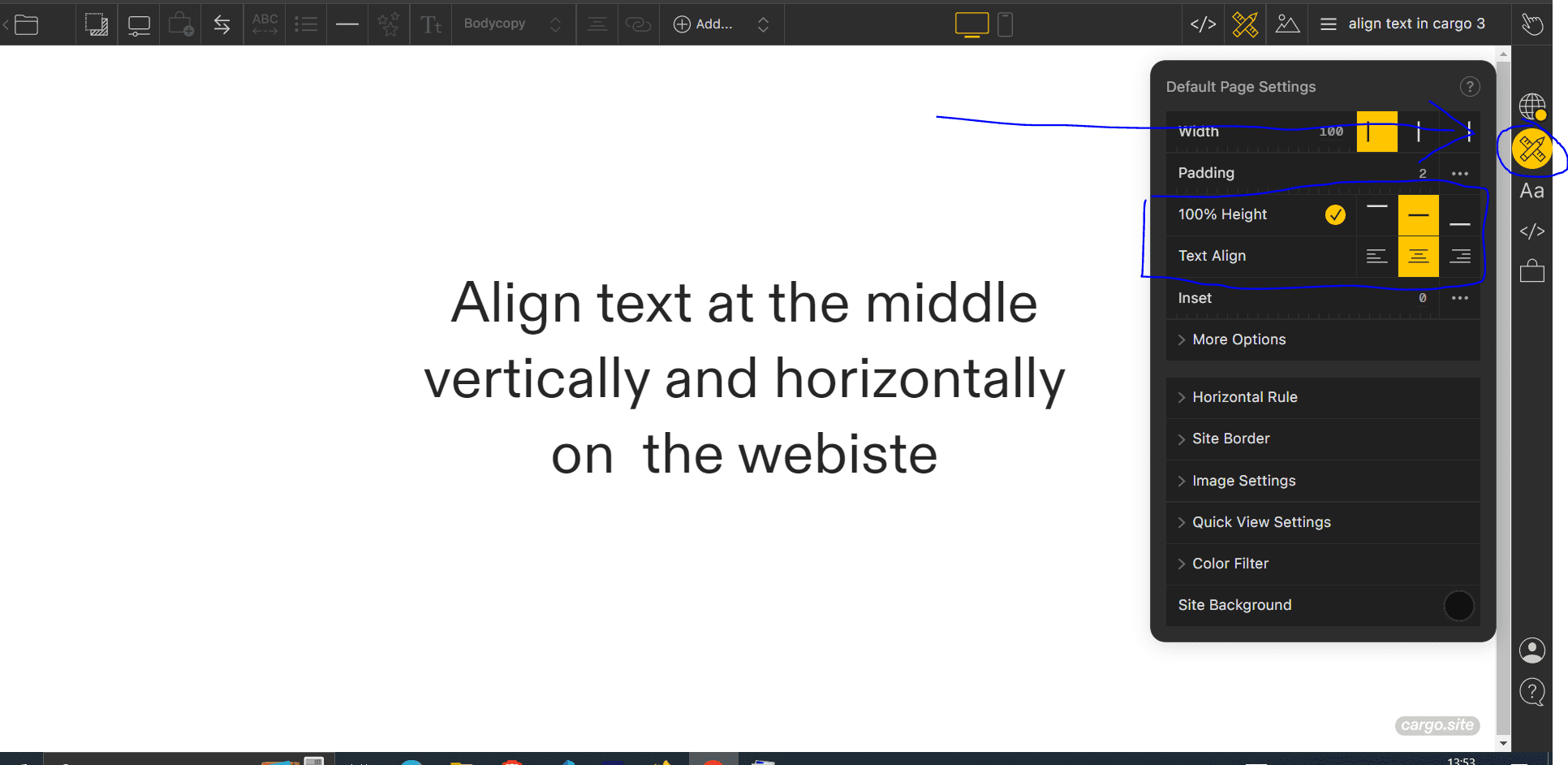 Align text center in cargo collective site builder - Cargo Site Tutorials